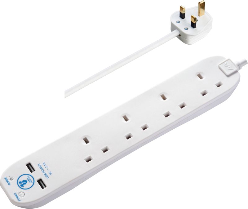 2 Metre 4 Gang Surge Socket With USB - Timbermills